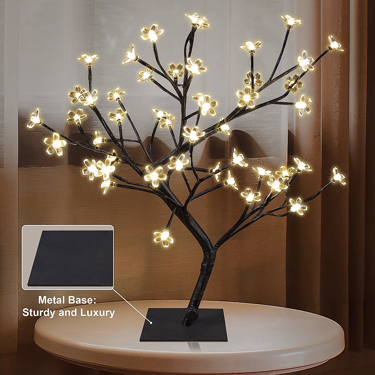 LIGHTSHARE 18 Inch Cherry Blossom Bonsai Tree, 48 LED Lights, 24V UL Listed Adapter Included, Metal Base, Warm White Lights, Ideal as Night Lights, Home Gift Idea