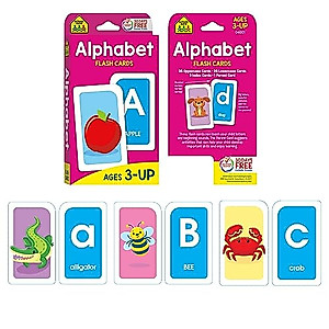 School Zone - Alphabet 4-Pack Flash Cards - Ages 3+, Preschool, Kindergarten, Go Fish Alphabet, Three-Letter Words, Alphabet Match, Lowercase & Uppercase Letters, Letter-Picture Recognition, and More