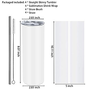 Tswofia 20 Oz Sublimation Skinny Tumbler Set, Stainless Steel Straight Skinny Travel Tumbler Bulk With Sublimation Shrink Wrap Films, Birthday Diy Gift For Women Friends Sisters, 4 Pack, White