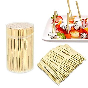 Bamboo Forks 3.5 Inches Disposable Mini Food Picks Double Prong Fruit Cocktail Forks Blunt-end Forks for Appetizer, Cocktail, Fruit, Pastry, Dessert (110 Pcs)