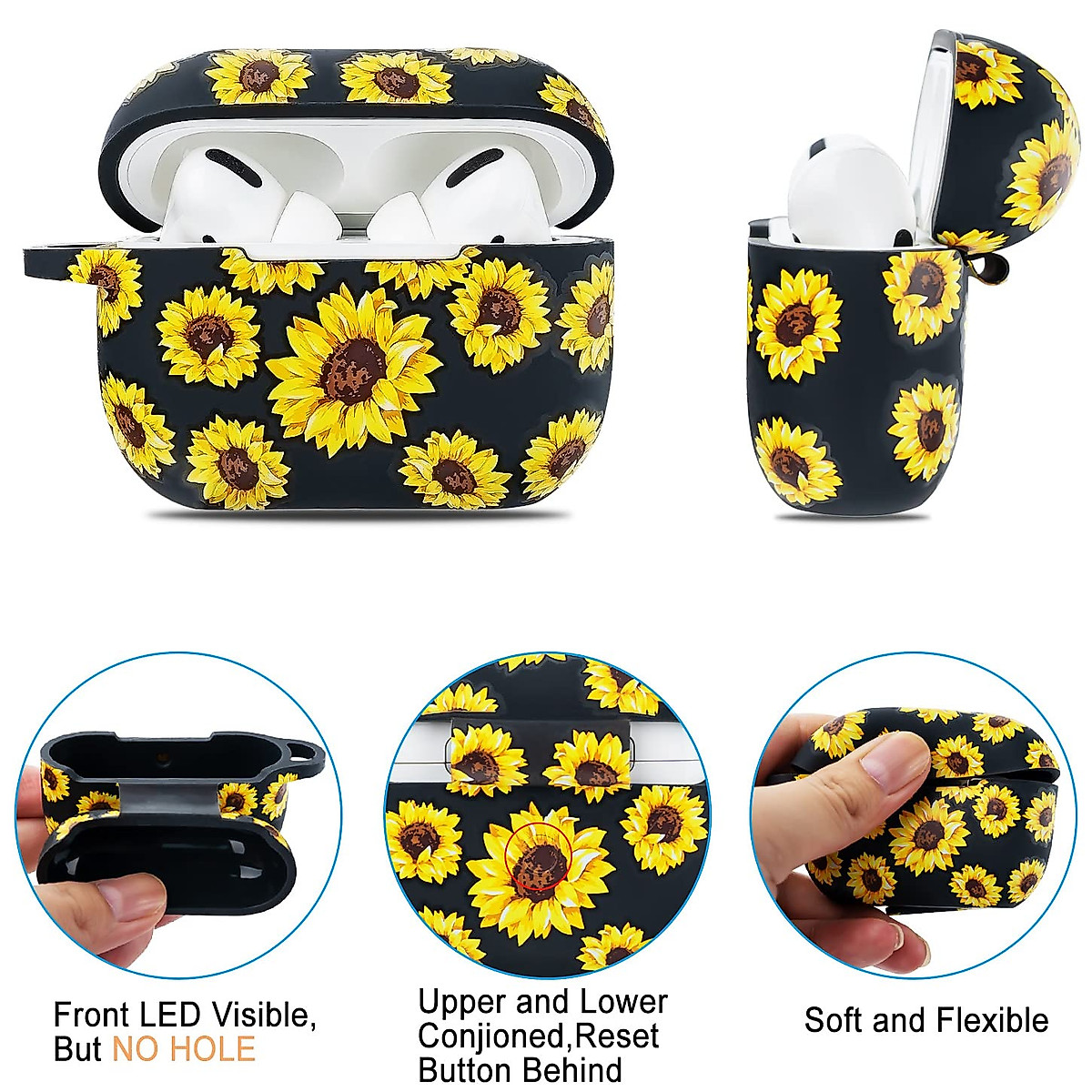 Flower Airpods Pro 2 Case Soft Silicone 2022 - YOMPLOW Case Cover Flexible Skin for Apple AirPod Pro 2nd Charging Case Floral Print Cute Women Girls Protective Skin with Keychain - Black/Sunflower