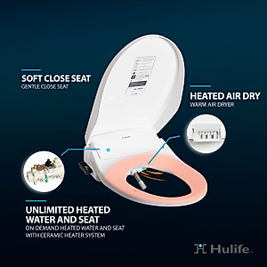 Hulife Electric Bidet Seat for Elongated Toilet with Unlimited Heated Water, Heated Seat, Warm Air Dryer, Wireless Remote Control