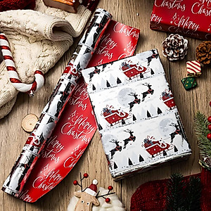 Homeral Reversible Christmas Wrapping Paper Roll - Metallic Shine Santa, Sleigh, Reindeer, Stripe, Plaid, Letterings, Snowflake for Christmas, New Year Celebration - 3 Rolls - 17 x 120 Inch Per Roll