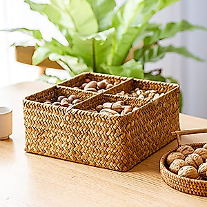 Woven Seagrass Storage Basket with 4 Divided Sections, Wicker Basket Bin Box Organizer for Countertops/Closet/Shelf/Dresser