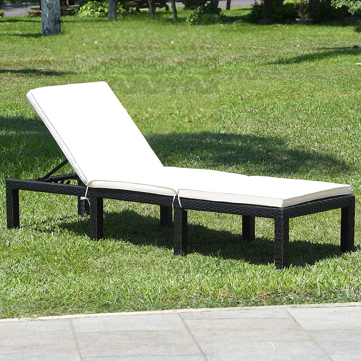 Tangkula Patio Wicker Lounge Chair, Outdoor Rattan Adjustable Reclining Backrest Lounger Chairs, Modern Outside Rattan Chaise with Seating and Back Cushion