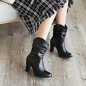 YfiDSJFGJ denim cowboy boots for women high heel thick heel british style slip on vintage round toe short platform mini boot chunky block heel plain toe fur lined warm snow boots