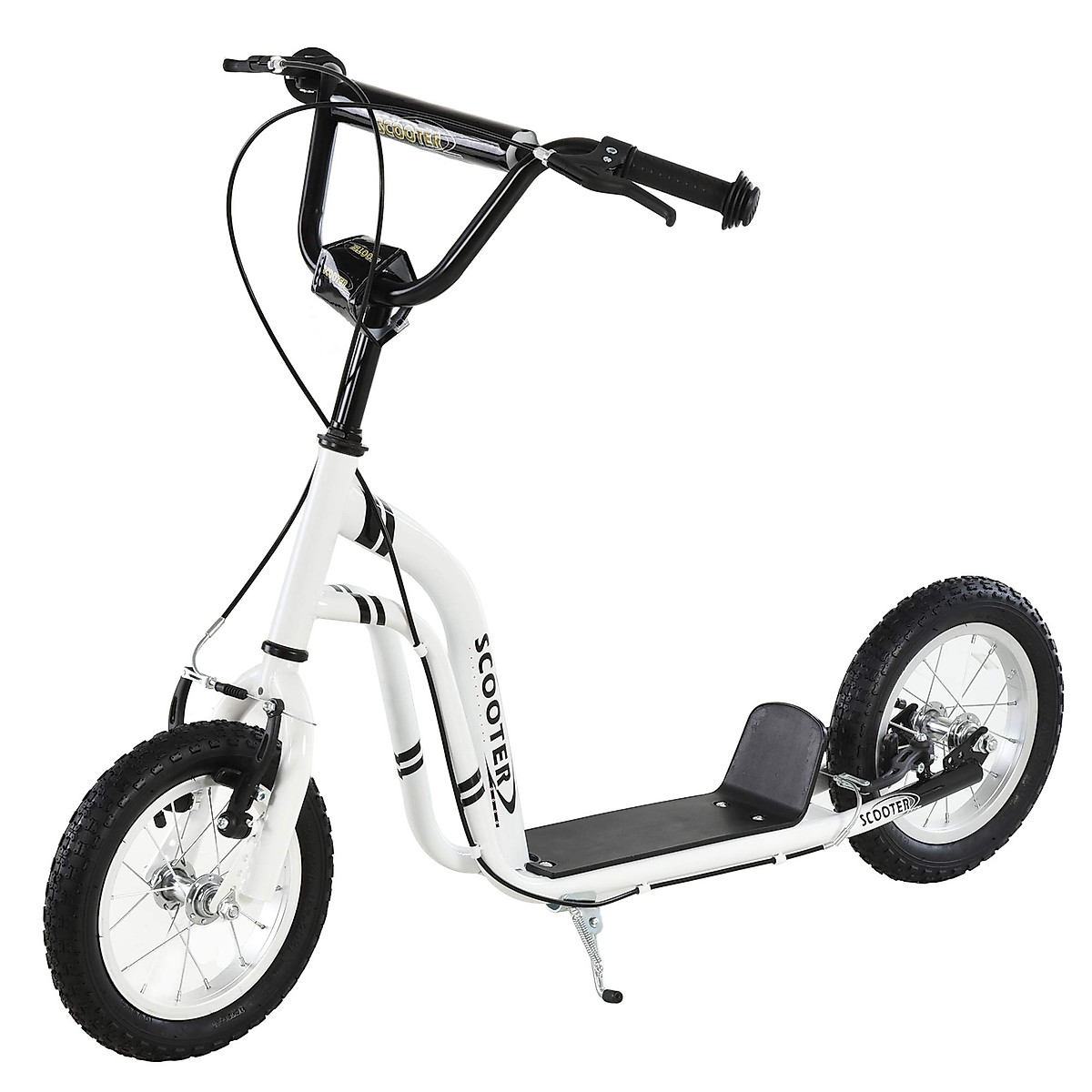 Aosom Youth Scooter Front and Rear Caliper Dual Brakes 12-Inch Inflatable Front Wheel Ride On Toy for Age 5+, White