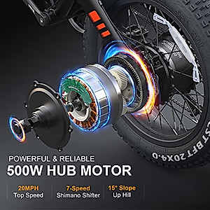Electric Bike,20"x4" Electric Bike for Adults Fat Tire 500W 20MPH Ebike Foldable Adult Electric Bicycles Electric Mountain Bike with 48V 10Ah Removable Battery, Dual Shock Absorber, Shimano 7-Speed