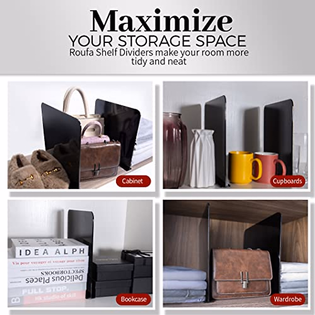 ROUFA 4Pcs Acrylic Shelf Dividers, Adjustable Closet Organizer Fit for Any Thickness of Shelves, Multi-Purpose Wood Shelf Separators for Bedroom, Kitchen, Office, Bathroom, 11.8''x11'' (Black)