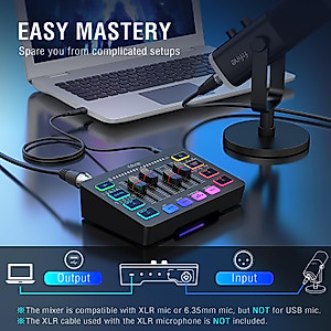 FIFINE Gaming Audio Mixer, Streaming RGB PC Mixer with XLR Microphone Interface, Individual Control, Volume Fader, Mute Button, 48V Phantom Power, for Podcast/Recording/Vocal/Game Voice-AmpliGame SC3