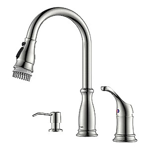 APPASO 3 Hole Kitchen Faucet with Pull Down Sprayer Stainless Steel Brushed Nickel, 2 Hole Pull Out Kitchen Sink Faucet with Side Single Handle and Soap Dispenser, 211BN