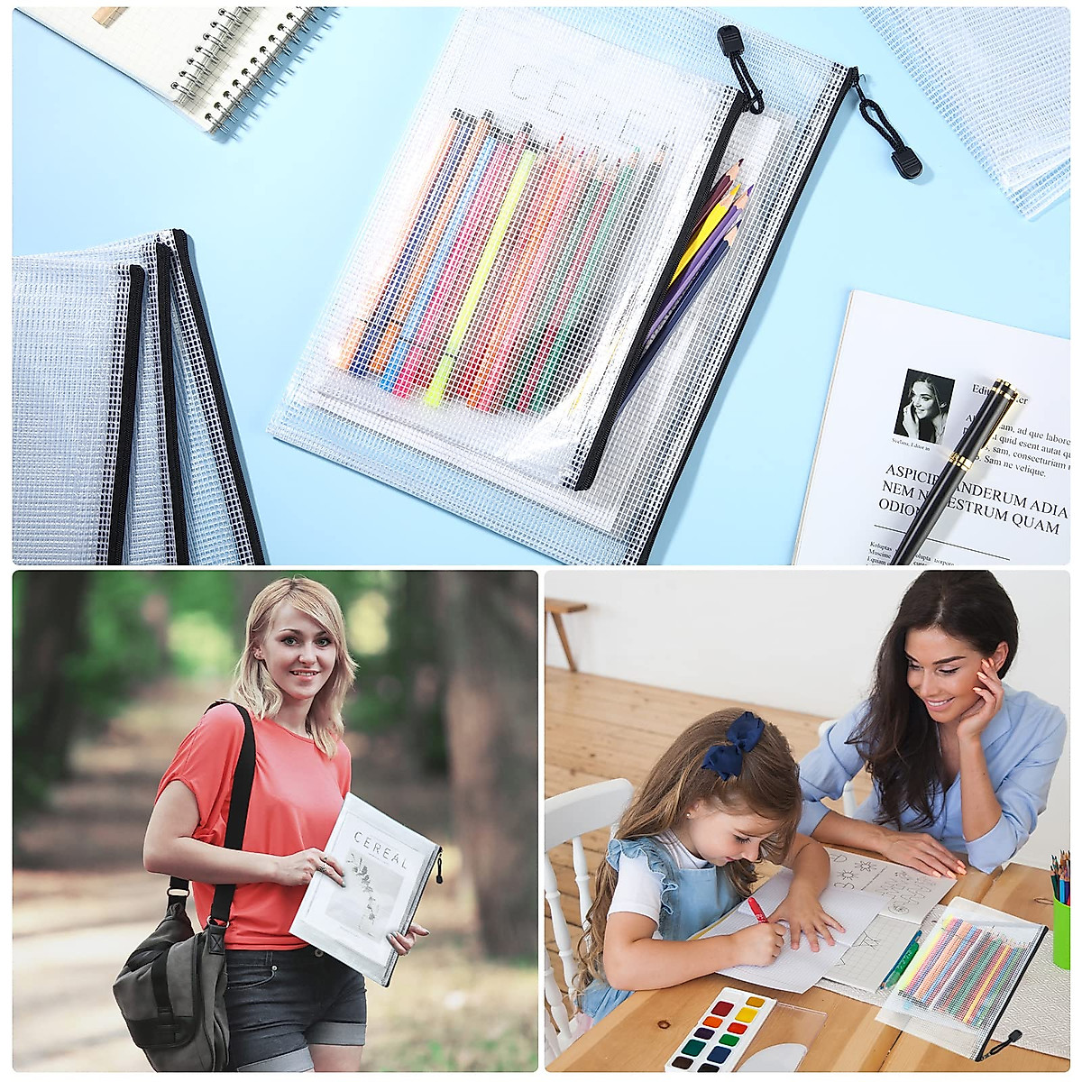 Fainne 8 Pcs Art Portfolio Bag 19 x 25 Inches Poster Storage Bag with Zipper and Handle 24 Pcs A3 A4 A5 Pencil Bags Artwork Supplies Storage Bag for Charts Bulletin Boards Artworks Teaching Material