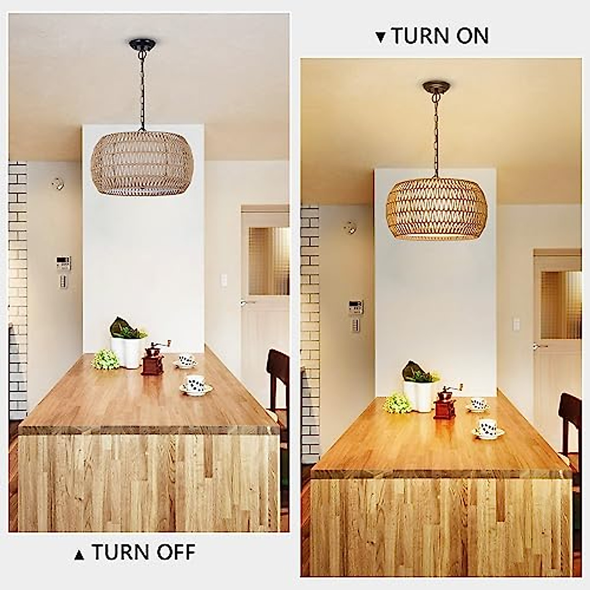 Rattan Farmhouse Chandelier Light Fixtures, 5-Lights Boho Large Pendant Light,Hand Woven Chandeliers for Dining Room with Fabric Shade,Rustic Chandeliers Hanging Light Fixtures for Kitchen Island