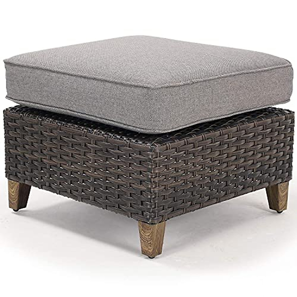 Outdoor Patio Ottoman Footstool Rest with Premium Fabric Soft Removable Cushion All Weather Rattan Wicker Ottoman Seat with Slatted Steel for Garden Yard Lawn Poolside, Dark Brown