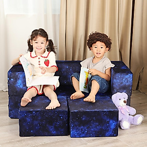 MOMCAYWEX 3pcs Kids Play Couch for Toddler, 3-in-1 Kids Couch Fold Out, Imaginative Kids Couch Play Set, Dark Blue Universe