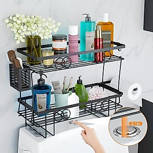 FOYKUED Over The Toilet Storage Shelf, 2-Tier No Drilling Small Bathroom Shelves Over Toilet with Storage Basket/Paper Holder/Hooks (Cast Iron, Matte, Black, 1 Pc)