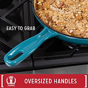 Basque Enameled Cast Iron Cookware Set, 7-Piece Set (Biscay Blue), Nonstick, Oversized Handles, Oven Safe; Skillet, Saucepan, Small Dutch Oven, Large Dutch Oven, 10.25", 2QT, 2.25QT, 4.75QT