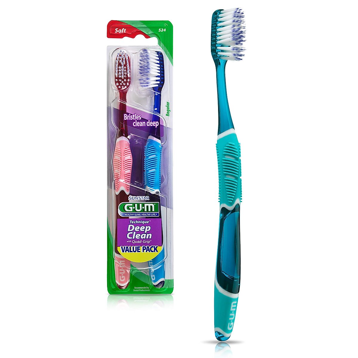 GUM Technique Deep Clean Toothbrush - Compact Soft - Soft Toothbrushes for Adults with Sensitive Gums - Extra Fine Bristles, 2 Count