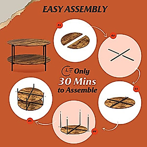 WLIVE Round Coffee Table, Living Room Table with 2-Tier Storage Shelf, 32in Wood Modern Coffee Table with Metal Frame and Wood Desktop,Easy Assembly, Rustic Brown.