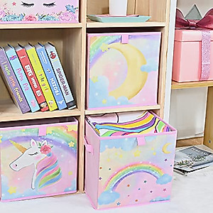 Cube Storage Bins - 4 Pack Fabric Foldable Storage Cube Organizer for Kids Decorative Storage Baskets with Handles 11" x 11" Home Closet Nursery Room Bedroom (Unicorn)