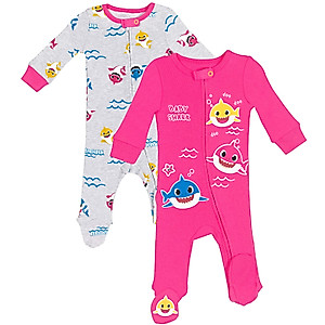Pinkfong Baby Shark Infant Baby Girls 2 Pack Zip Up Sleep N' Play Coveralls Pink/Gray 24 Months