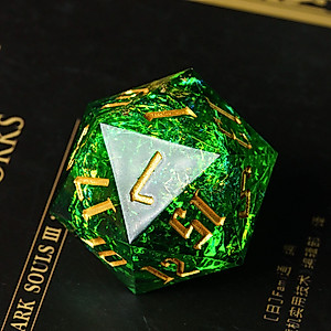 Cusdie Single D20 DND Dice with Sharp Edges and Glitter Foil Inclusions, 20 Sided D&D Dice, 33mm Handcrafted Polyhedral Dice, for Role Playing Game MTG Pathfinder (Green)
