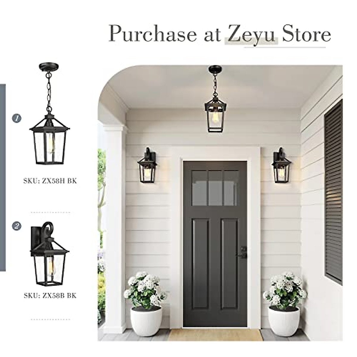 zeyu Farmhouse Outdoor Front Porch Light, 14 Inch Exterior Wall Sconce Light for House Garden, Cast Aluminum with Seeded Glass, Black Finish, ZX58B BK