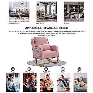 Gxcevsou Teddy Rocking Chair for Nursery, High Back Glider Rocker Upholstered Armchair with One Lumbar Pillow for Nursery, Comfy Armchair with Two Side Pockets for Living Room, Bedroom (Pink)