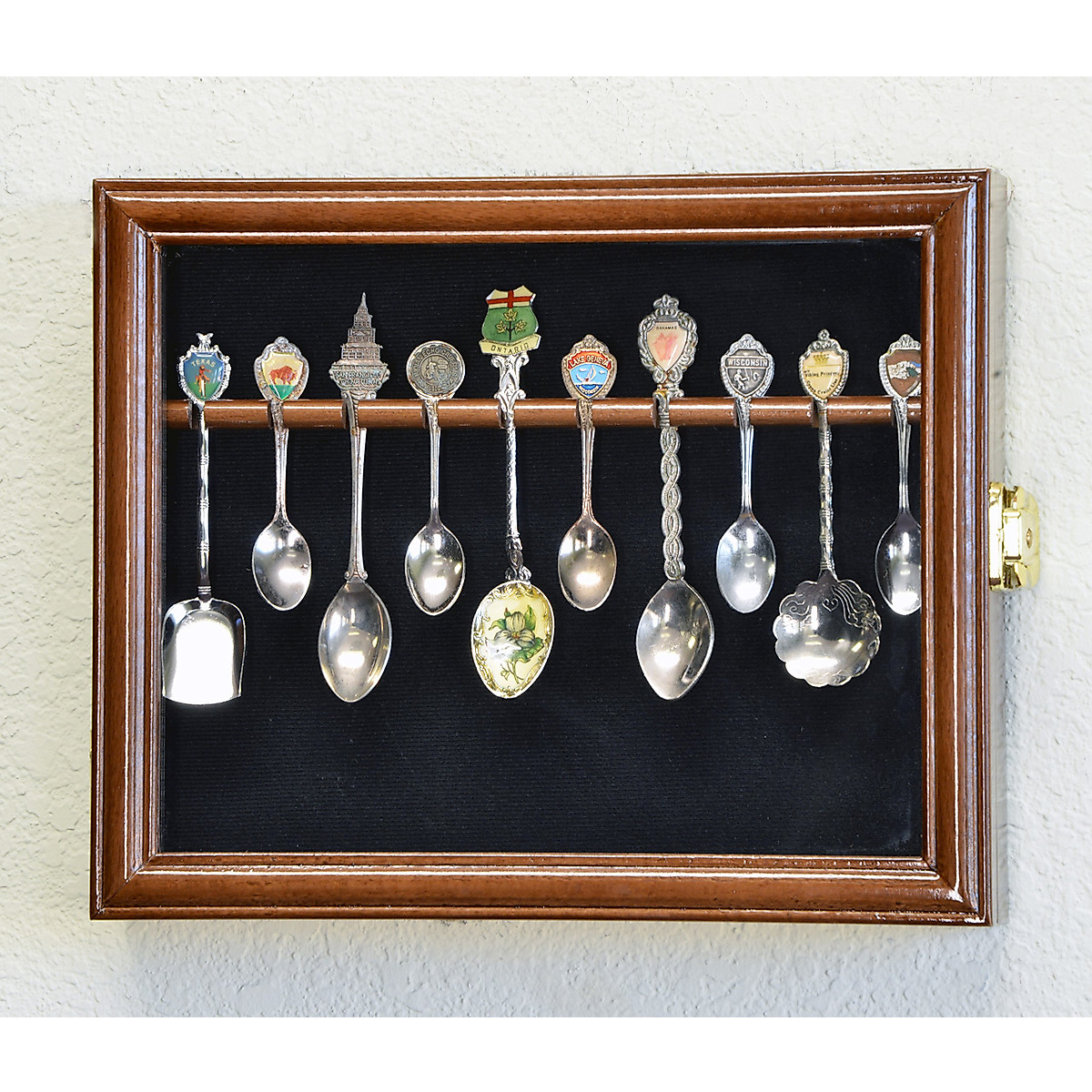 10 Spoon Display Case Cabinet Wall Mount Rack Holder w/98% UV Protection Lockable, Walnut