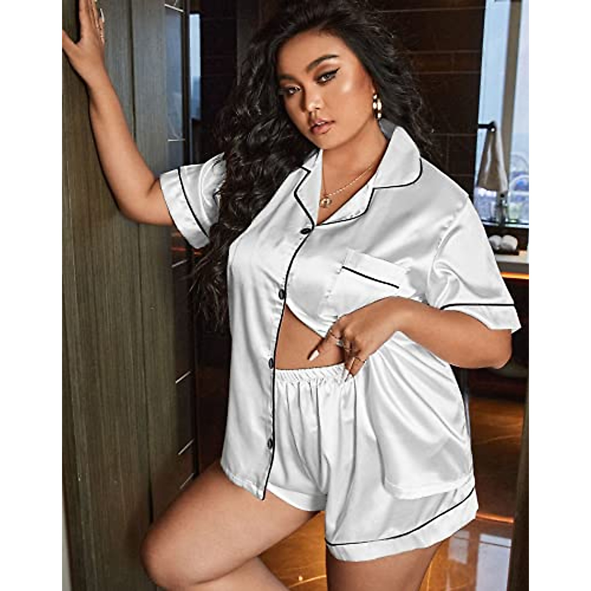 SWOMOG Women's Plus Size Pajama Set Silk Satin Pajamas Short Sleeve 2 piece Sleepwear Button Down Bride Loungewear Set White