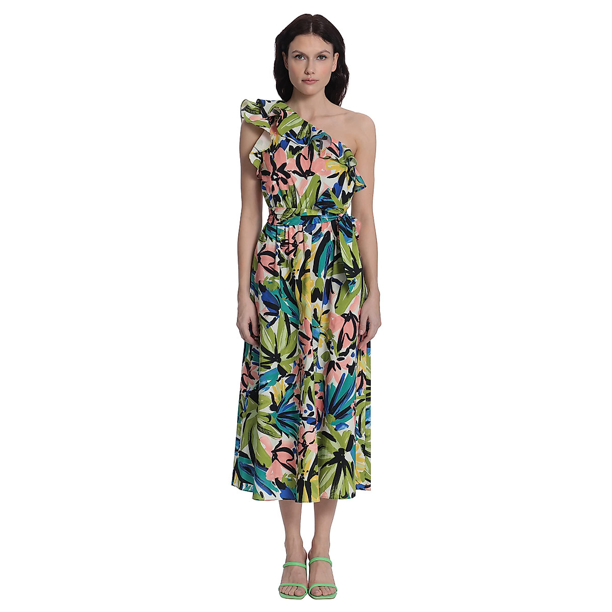 Donna Morgan Women's Bold Floral Printed Midi Dress with Ruffle One Shoulder, Soft White/Olive Green, 16