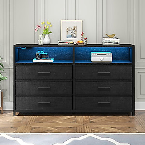 Loomie 6 Drawers Dresser with Power Outlets and LED Lights, Black Dresser with 2 Top Cubby, Tall Wide Fabric Double Chest of Drawers,Modern Dresser Tv Stand for up to 60" TV for Bedroom, Living Room