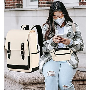 LEDAOU School Backpack for Teen Girls with Fanny Pack Laptop Backpacks 15.6 inch Daypack Women Bookbag School Bag for College Travel (Beige)