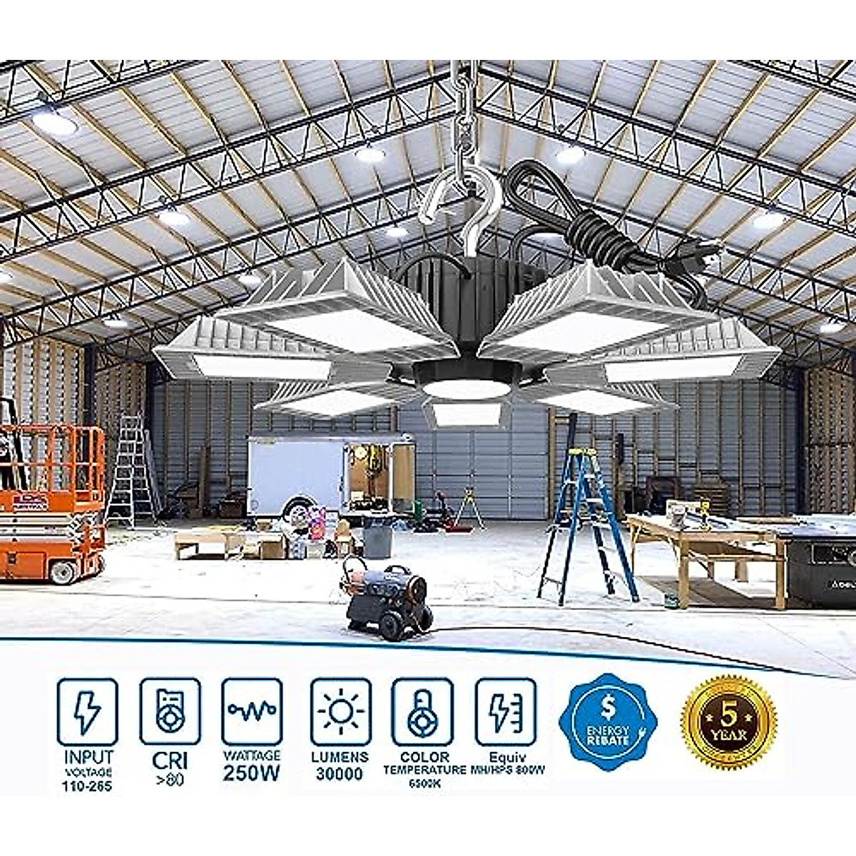 250W LED shop Lights,30000LM-Plug-in High Bay Light-Adjustable 7-Panel LED Garage light,Design-Aluminum Heat Sink-Ideal for Warehouse,Residential,Barn,Factory,Workshop-High Intensity Shop Lighting