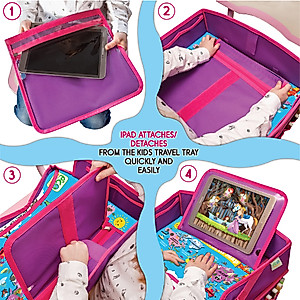 ECOFANTASY Kids Travel Tray - Waterproof Lap Table with No-Drop Large Tablet Holder - Car Seat Tray - Road Trip Essentials Kids - Car Desk Organizer for Airplane - Toddler Travel Essentials (Pink)