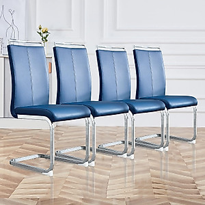 LUSPAZ Faux Leather Dining Chairs Set of 4, Modern Dining Room Chair Kitchen Chairs with Upholstered Seat, Metal Legs and High Back, Sillas para Comedor, Blue