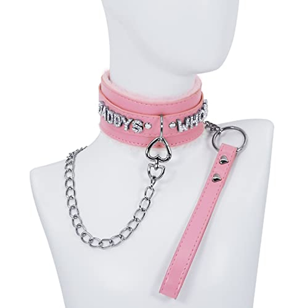 paloli Pink Choker Necklace for Women Leather Collar Fluffy Punk Leash Neck Choker Gothic Cosplay Sexy Jewelries