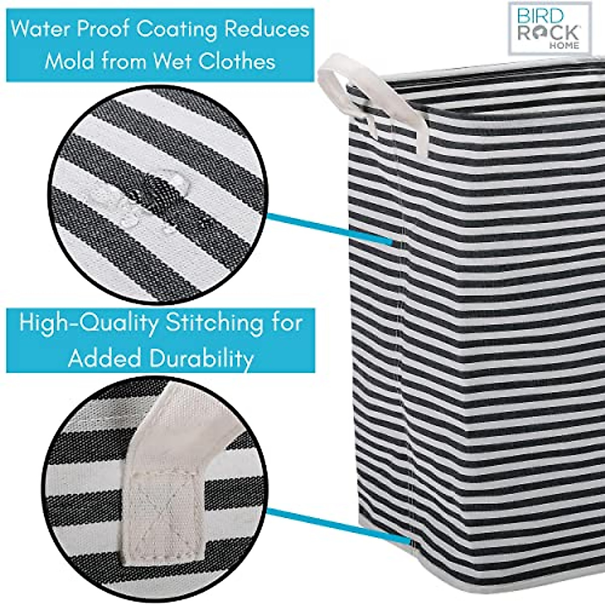 BIRDROCK HOME 61L Collapsible Single Square Laundry Hamper Basket - Grey & White Stripes Bin - Compact Dirty Clothes Organizer Bag - Lightweight Tote
