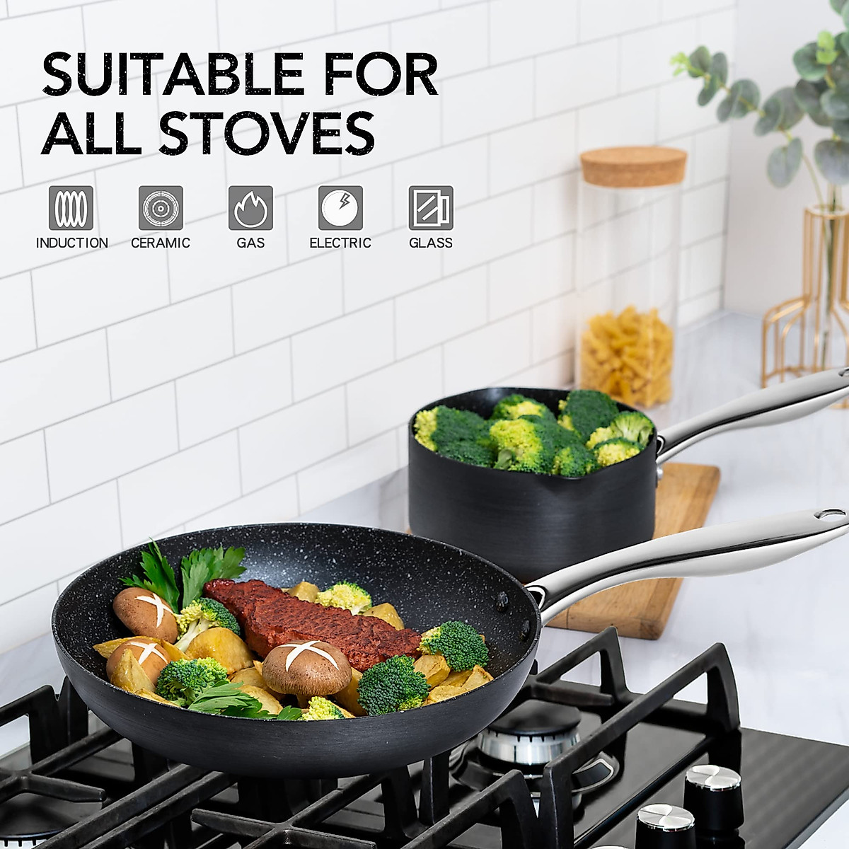 MICHELANGELO Hard Anodized Cookware Set - 10 Pcs Non Stick Pots and Pans Set with Granite Interior, Induction Cookware Set with Steamer Insert