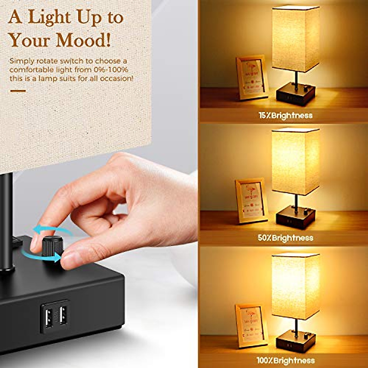 Upgraded Fully Dimmable USB Bedside Table Lamp Set of 2, Nightstand Table Lamps with 2 USB Charging Ports 2 AC Outlets, Square Fabric Shade Modern Desk Lamp Set for Bedroom Living Room, Bulbs Included