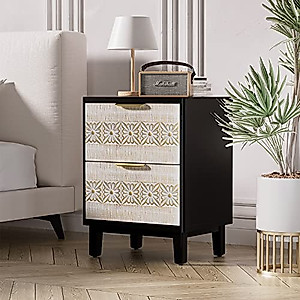 Aoikax Farmhouse 2-Drawer nightstand,Set of 2 French Countrynightstands, Fully Assemble, Hand-Carved Flower Pattern Front Accent nightstands for Bedroom/Living Room. Natural and Black.