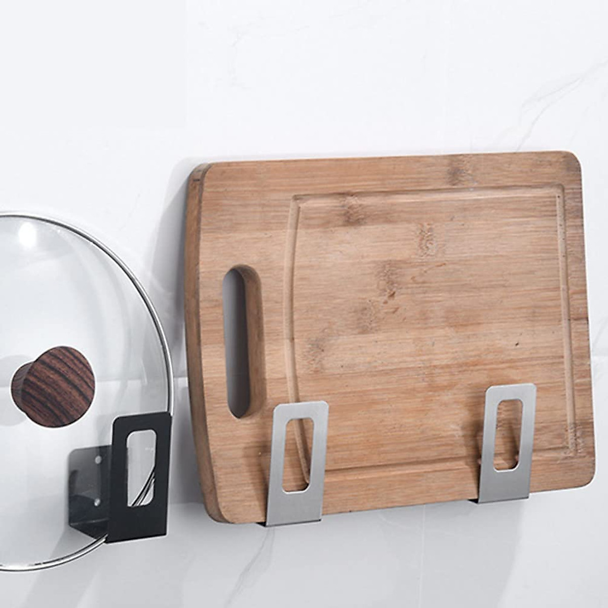 Hemoton 2 Pairs Pot Lid Rack Wall Mounted: Stainless Steel Pan Lid Organizer Holder Self Adhesive Pot Lid Holders Kitchen Cooking Utensil Tool Silver