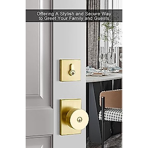 goldenwarm Keyed Alike Gold Door Knob with Deadbolt, Square Contemporary Brushed Gold Exterior Door Lock Set with Deadbolt, Heavy Duty Brass Front Entry Door Locksets with Deadbolt(1 Pack)