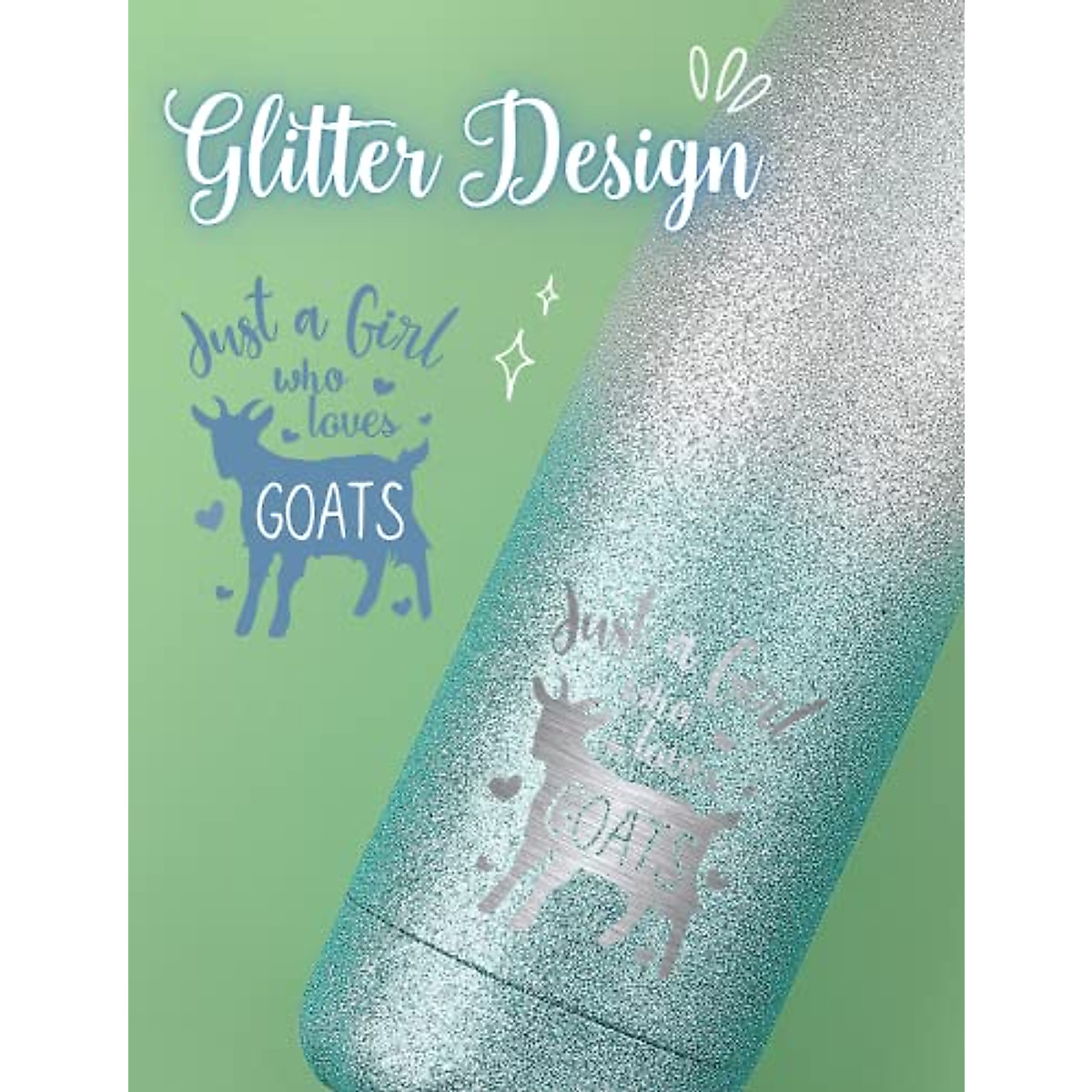 Onebttl Goat Gifts for Goat lovers, Glitter Silver-Blue Water Bottle for Women/Girls, Just a Girl who Loves Goats, Stainless Steel Insulated Bottle, Gift Box and Greeting Card Included