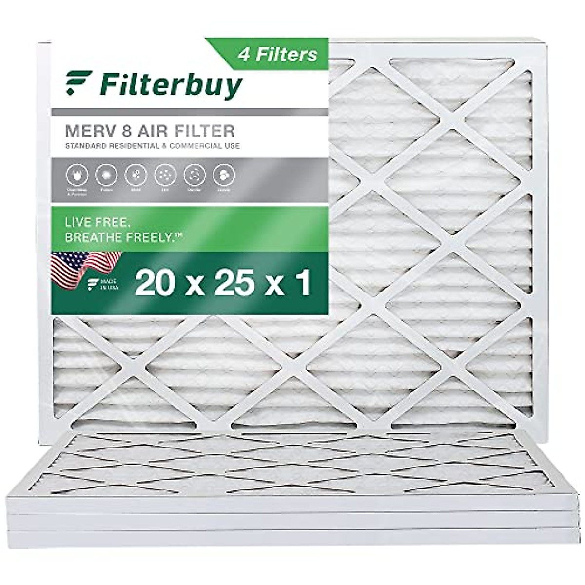 Filterbuy 20x25x1 Air Filter MERV 8 Dust Defense (4-Pack), Pleated HVAC AC Furnace Air Filters Replacement (Actual Size: 19.50 x 24.50 x 0.75 Inches)