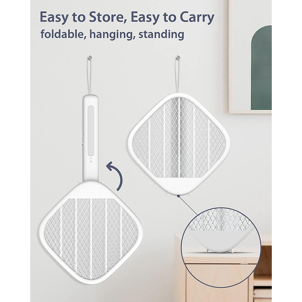 Electric Fly Swatter Racket Fly Zapper - Powerful 4000V Mosquito Zapper Racket & Night Bug Zapper 2 Modes, Foldable Hanging Standing Handheld Rechargeable Fly Killer, 3-Layer Safe for Humans Pets