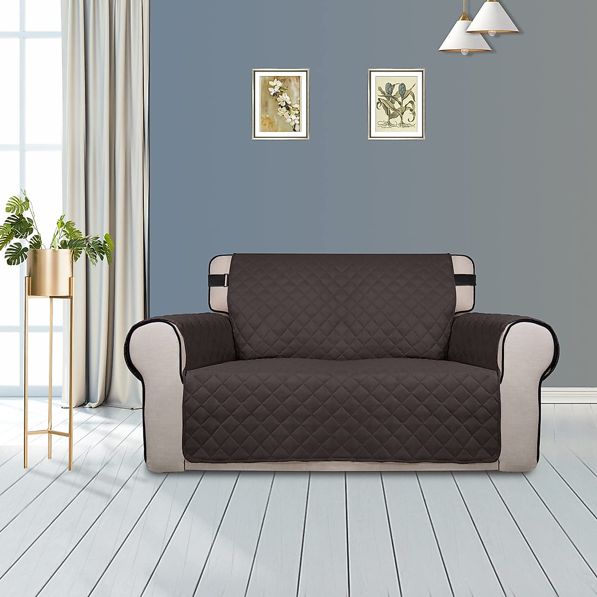 PureFit Reversible Sofa Cover Water Resistant Loveseat Couch Cover, Machine Washable Furniture Cover with Non-Slip Foam and Adjustable Strap for Dogs, Pets (Loveseat, Chocolate/Beige)