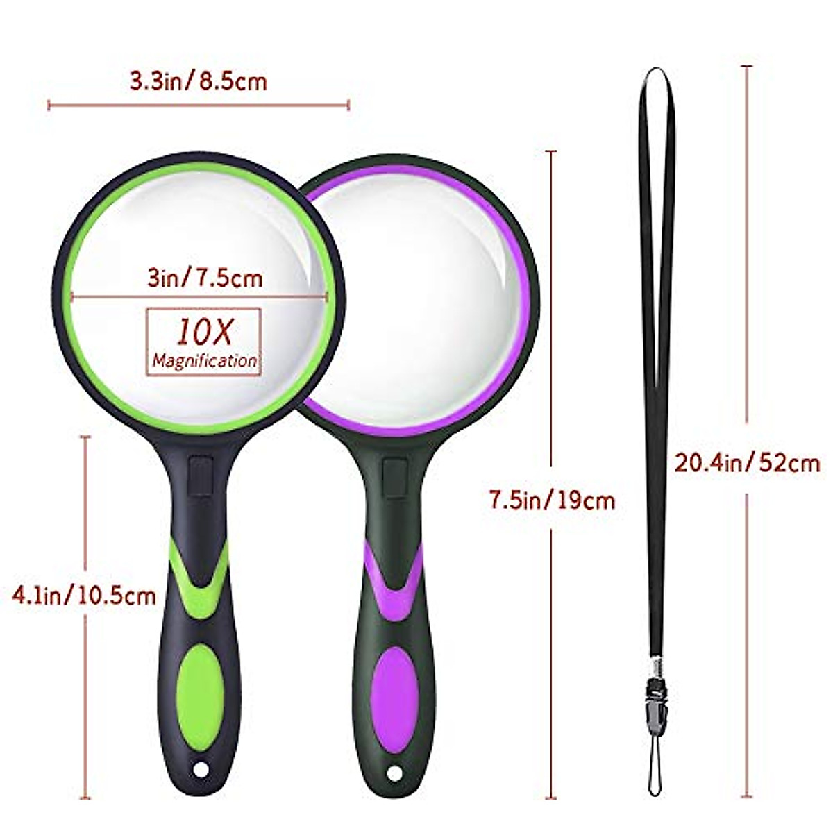 2Pcs 10X Handheld Magnifying Glass Authentic for Kids Seniors, 75MM Thickened Magnifying Lens & Non-Slip Handle with Rope Reading Magnifier for Book Reading, Hobby Observation, Science (Purple+Green)