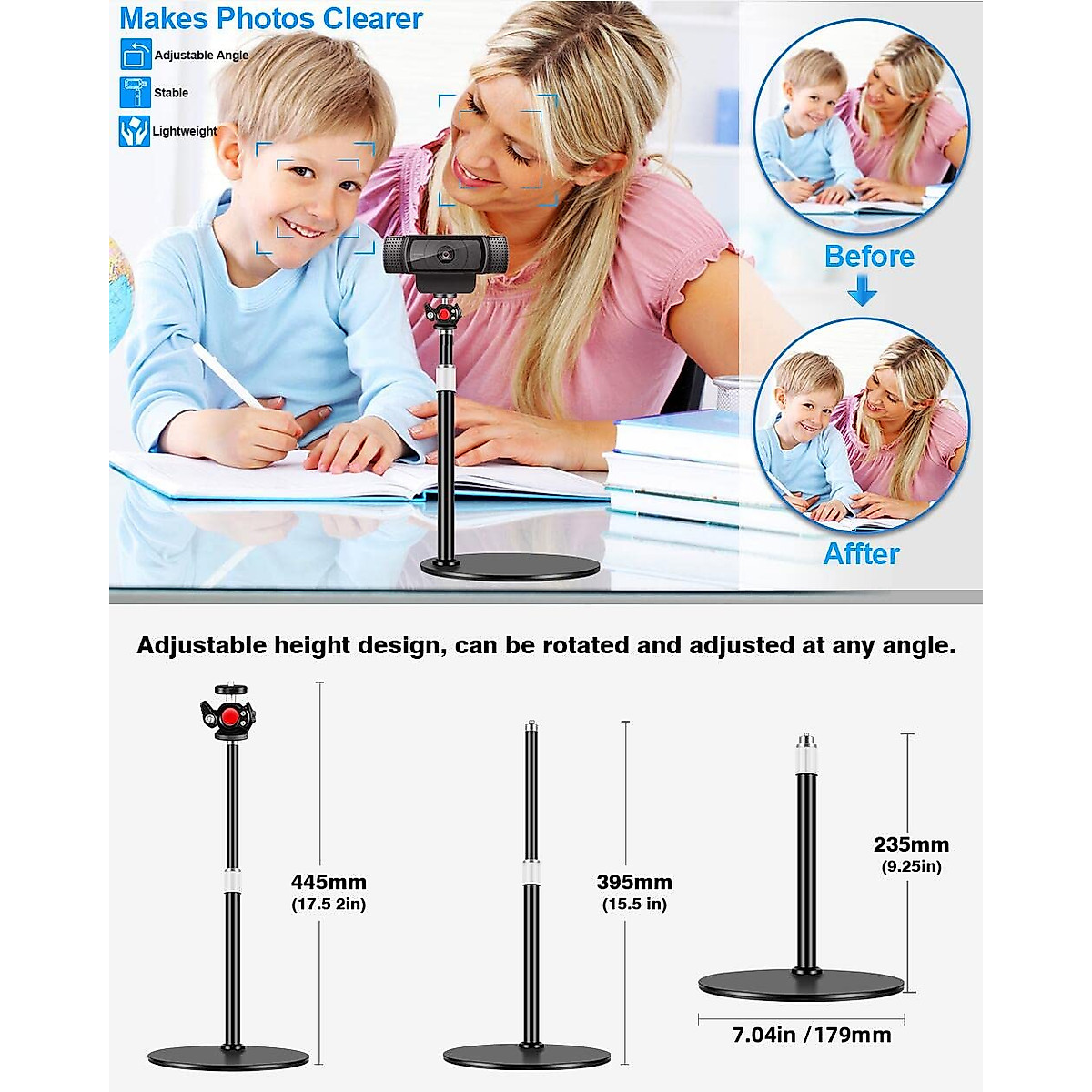 Etour Webcam Desk Mount Stand with 360° Ballhead, Heavy Base Height Adjustable Compatible with Logitech Webcam C920 C922 Brio 4K, and Other Webcam with 1/4" Thread for Live Streaming/Video Calling