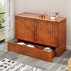 Mixoy Queen Size Murphy Bed with Foam Mattress, Cabinet Bed with Charging Station, Murphy Bed Chest with Large Drawer (Style2, Cherry)